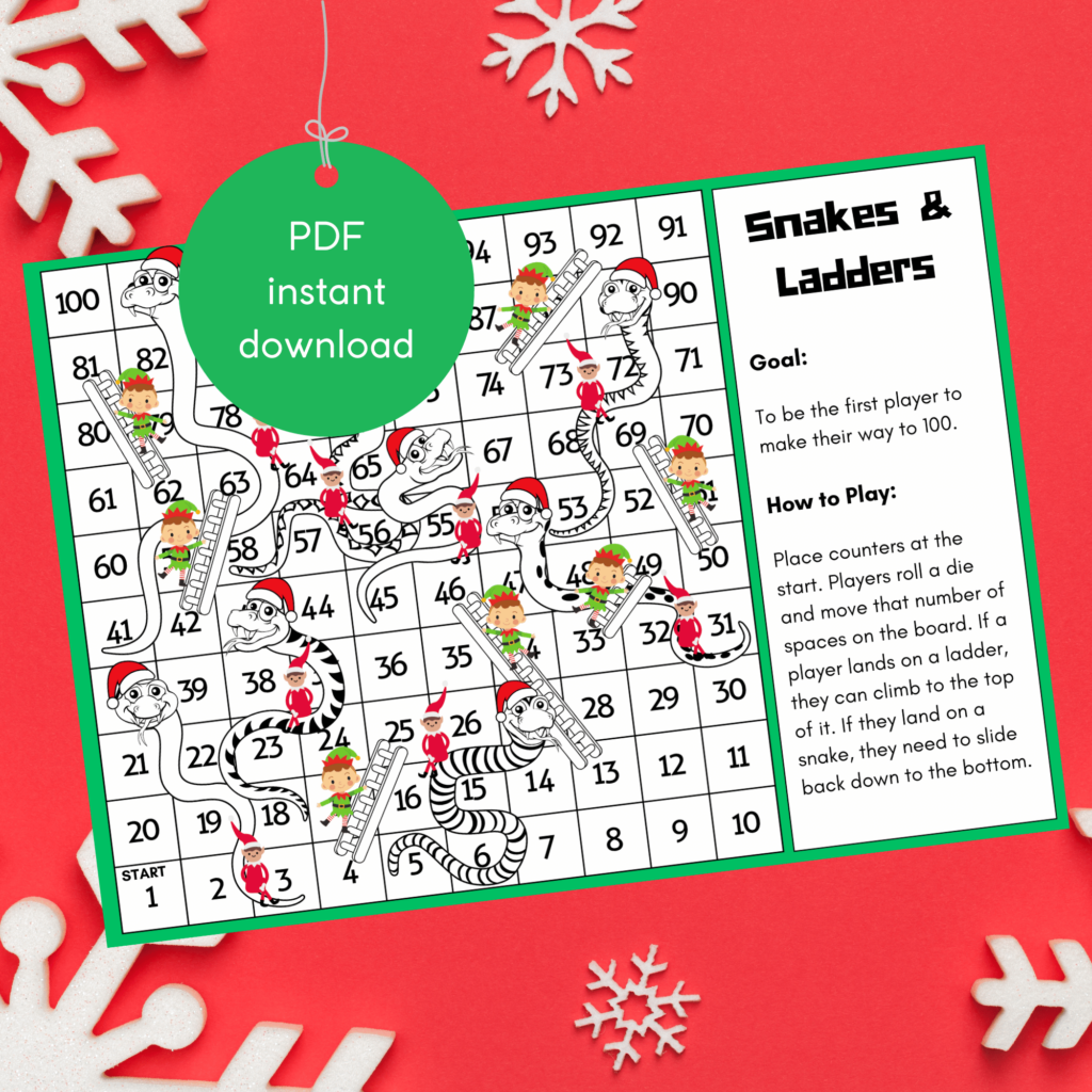 Instant Download Christmas Snakes and Ladders Board Game Printable PDF - Kitty and Creeper